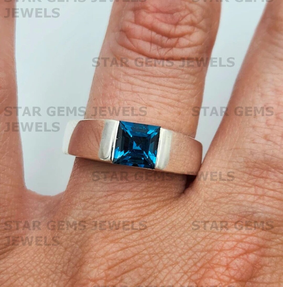 London Blue Topaz Men's Ring, Solid 925 Sterling Silver Ring, Wedding ...