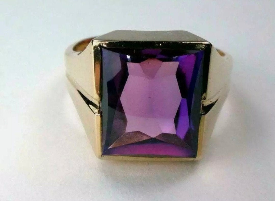 Natural Amethyst Rectangle Ring for Men's, 14k Gold Platted Silver Ring ...