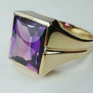 Natural Amethyst Rectangle Ring for Men's, 14k Gold Platted Silver Ring ...