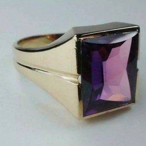 Natural Amethyst Rectangle Ring for Men's, 14k Gold Platted Silver Ring ...