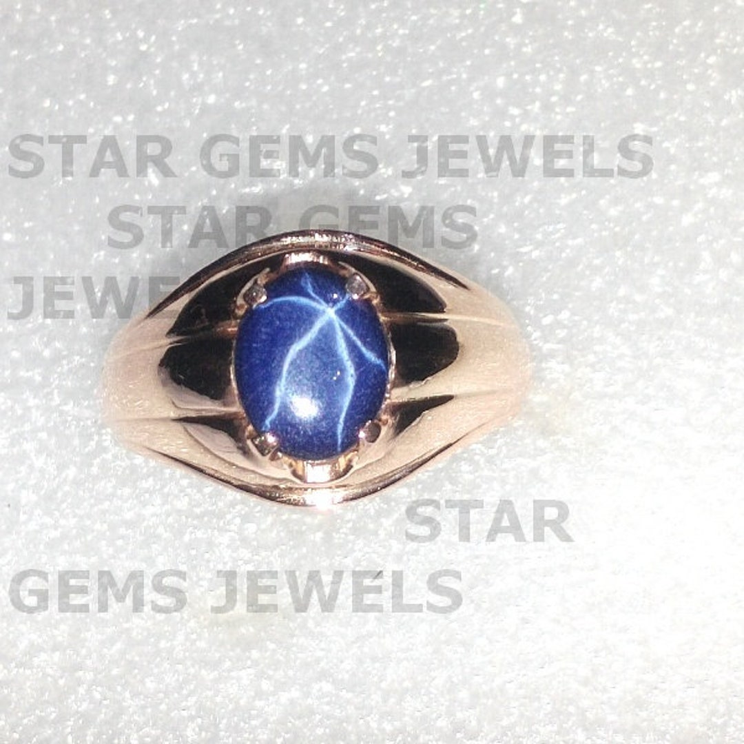Genuine Blue Star Sapphire Ring 14k Gold Platted Silver Real Linde Star ...