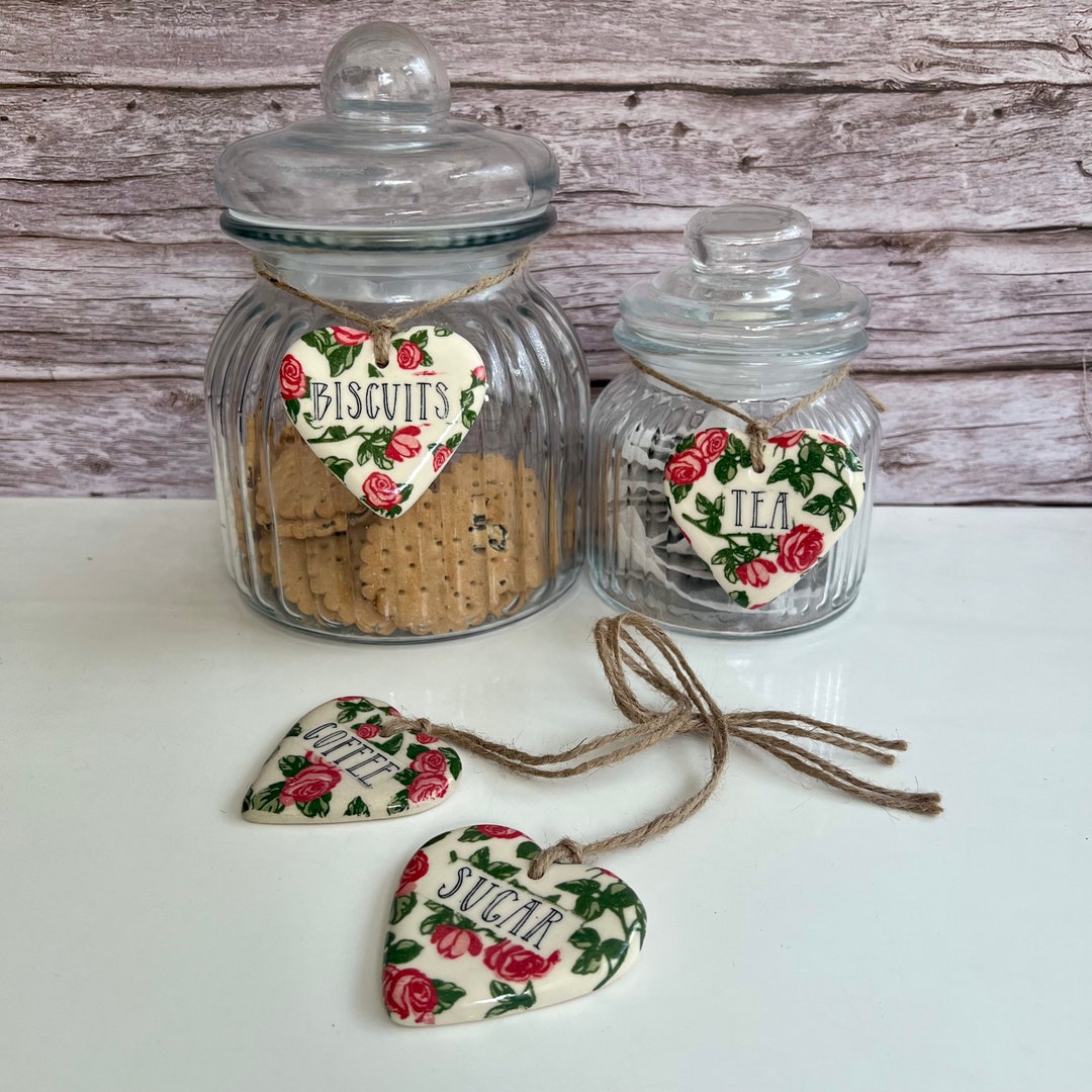 Ceramic Labels, Set of 4 Ceramic Tags for Tea, Coffee, Sugar & Biscuits ...