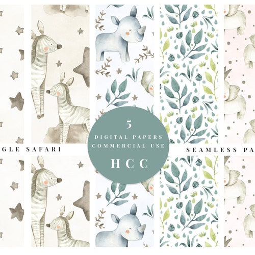 Watercolor Safari Baby Animals Digital Papers Fabric Seamless | Etsy