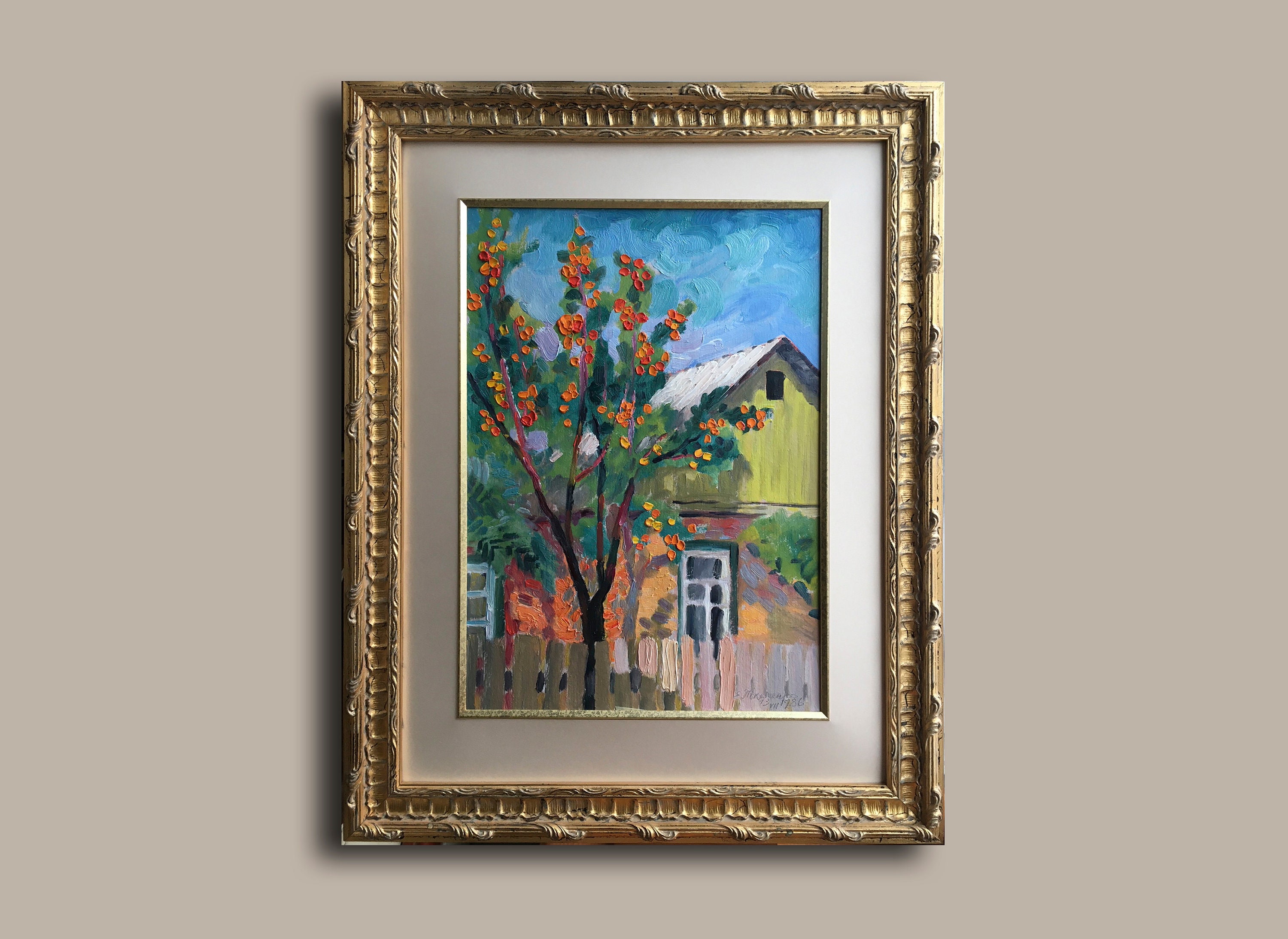 Rural Landscape Flowering Trees Ukrainian Art Vintage Oil Painting 1986 ...