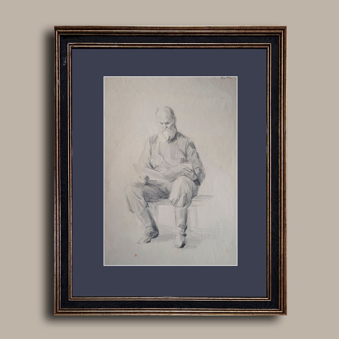 Portrait Old Man Sitting Vintage Drawing Man 1951 Handmade Portrait ...