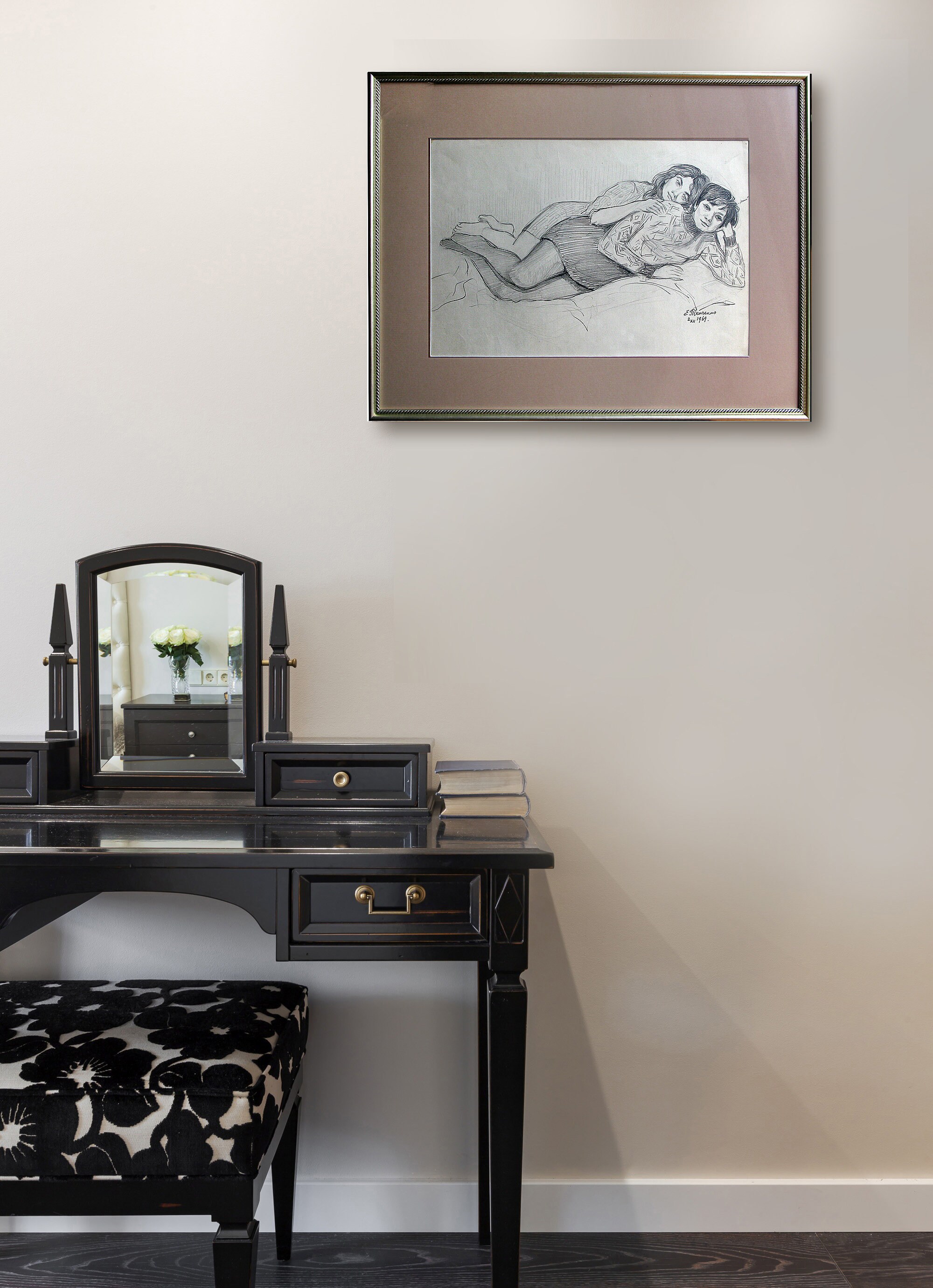 Painting Original Vintage Sketch Two Girlfriends Ukrainian Art Female Drawing Ukrainian Shop ...