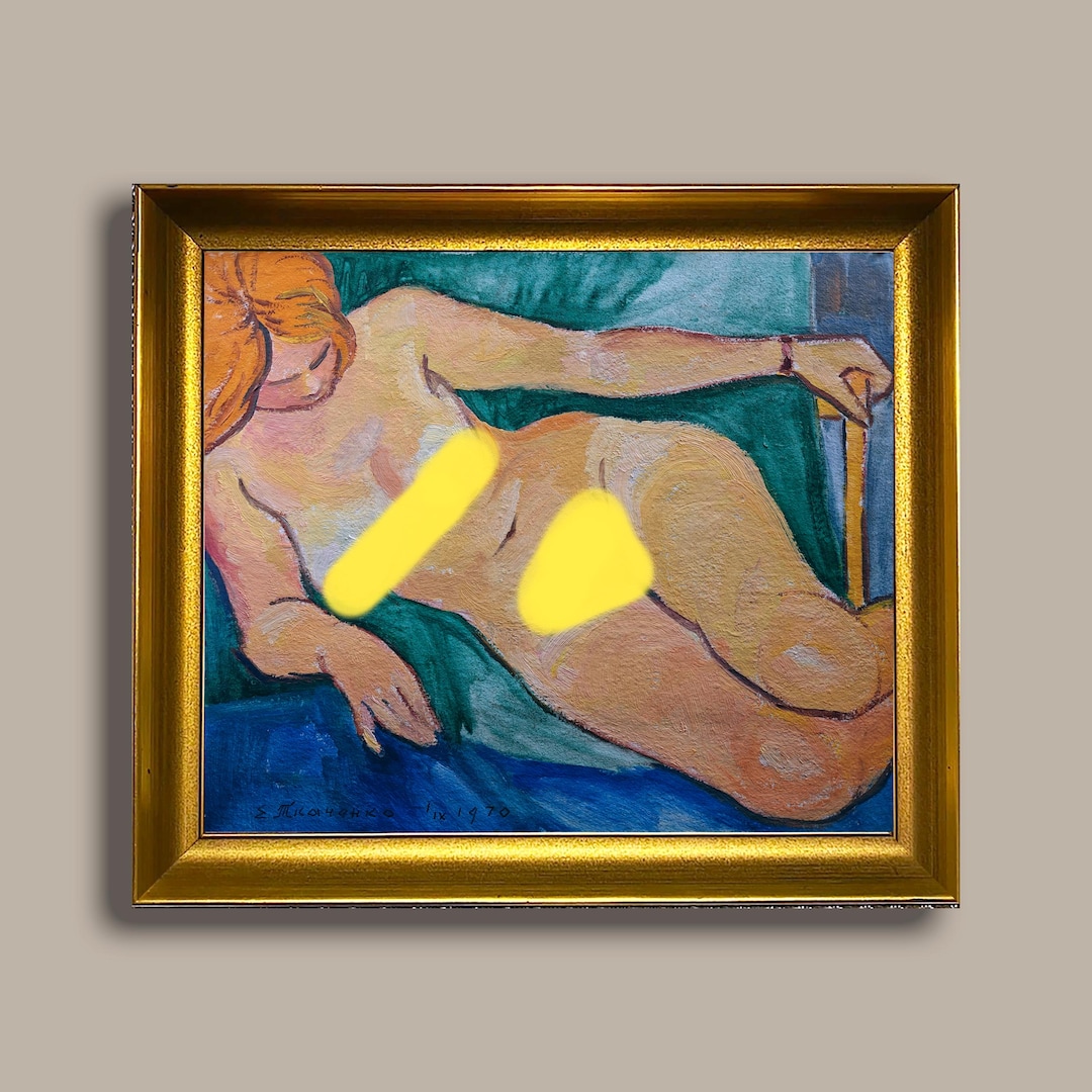Vintage Nude Painting of Red-haired Woman, Original 1970 Artwork, Ukrainian Artist Tkachenko ...