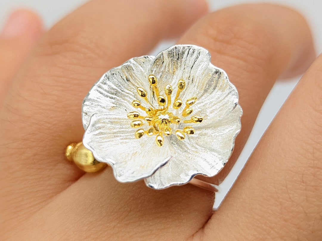Minimalist Poppy Flower Ring, Big Nature Summer Open Ring, Unique ...