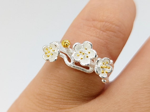 Minimalist Cherry Blossom Ring Nature Summer Flower Twig Open Ring Unique Forest Sakura cocktail sterling Silver mothers Day for Grandma Etsy