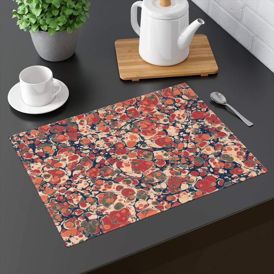 Set of 4 Cotton Placemats Featuring Marbled Design 14x18in 35.6x45.7cm Washable, Unique Artistic ...