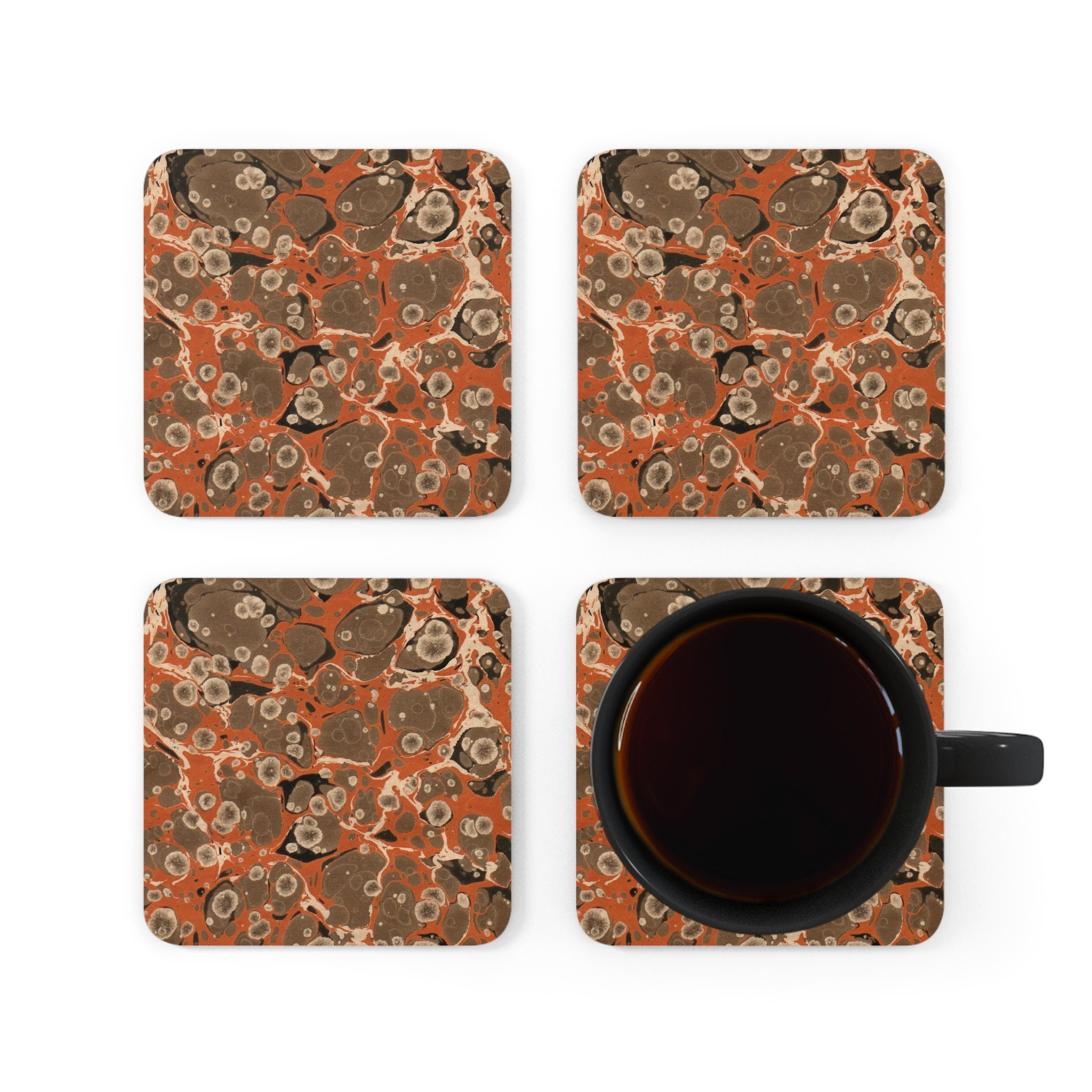 Set of 4 Cork Back Coasters for Drinks Featuring Marbled Design, Square ...