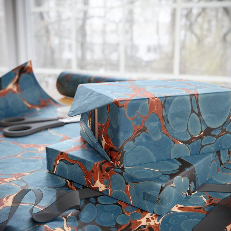 Blue Printed Marbled Wrapping Paper, Unique Artistic Gift Wrap, F441 by ...