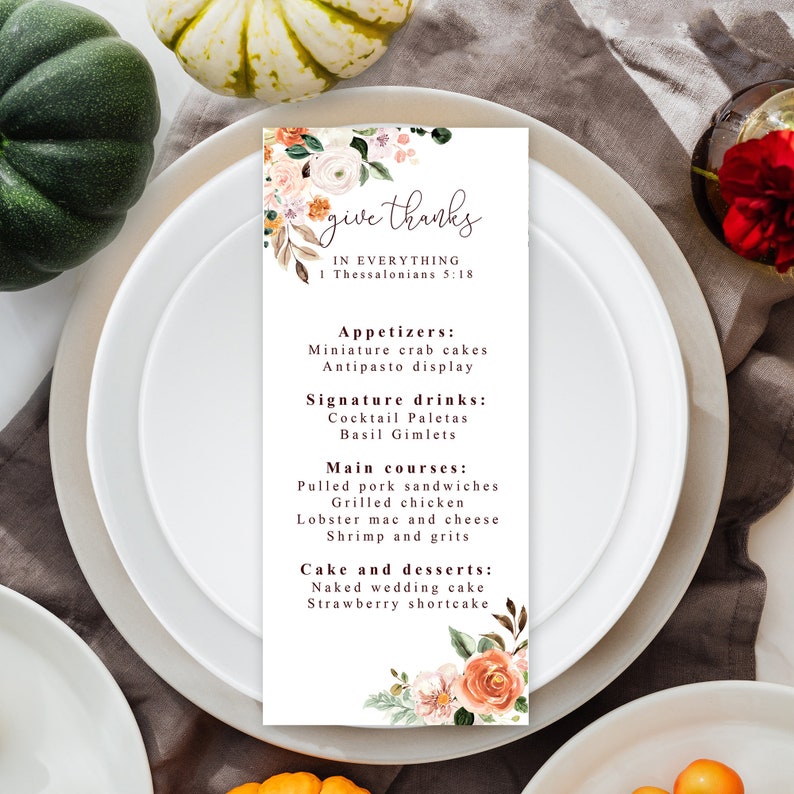 Fall Menu Template Thanksgiving Menu Autumn Menu Floral - Etsy