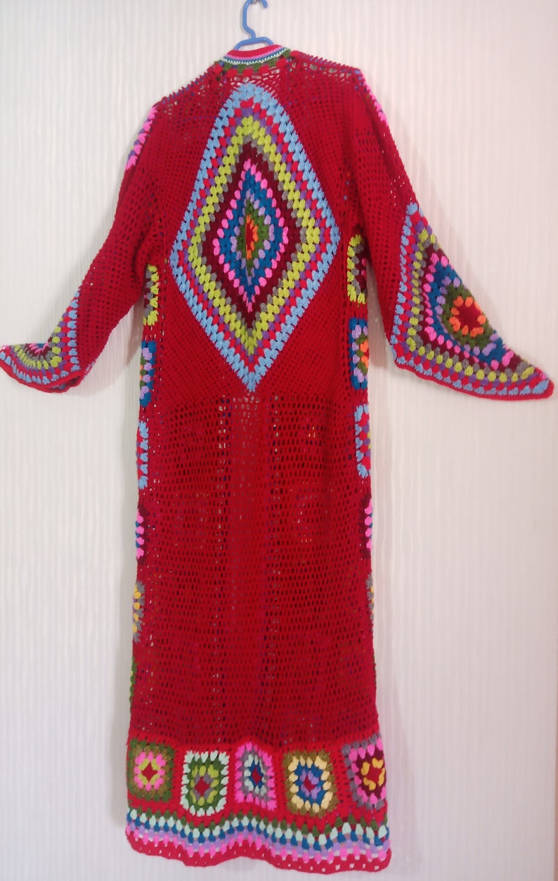 Crochet Long Cardigan: Hand-knitted Red Boho Motif - Etsy