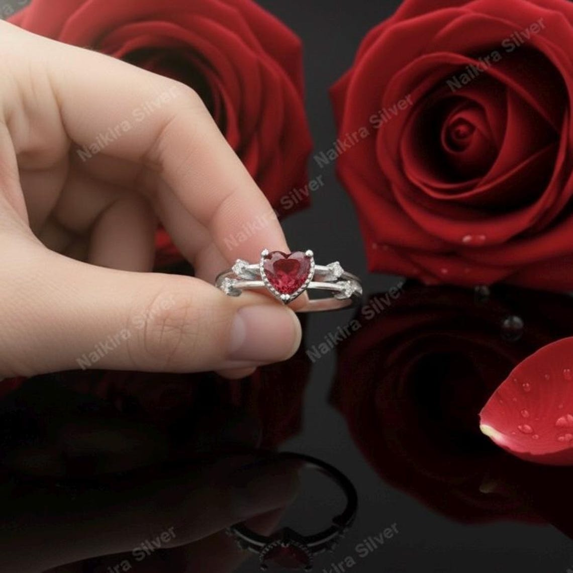 Heart Ruby Ring: Sterling Silver, Rose Gold Finish, Promise Jewelry - Etsy