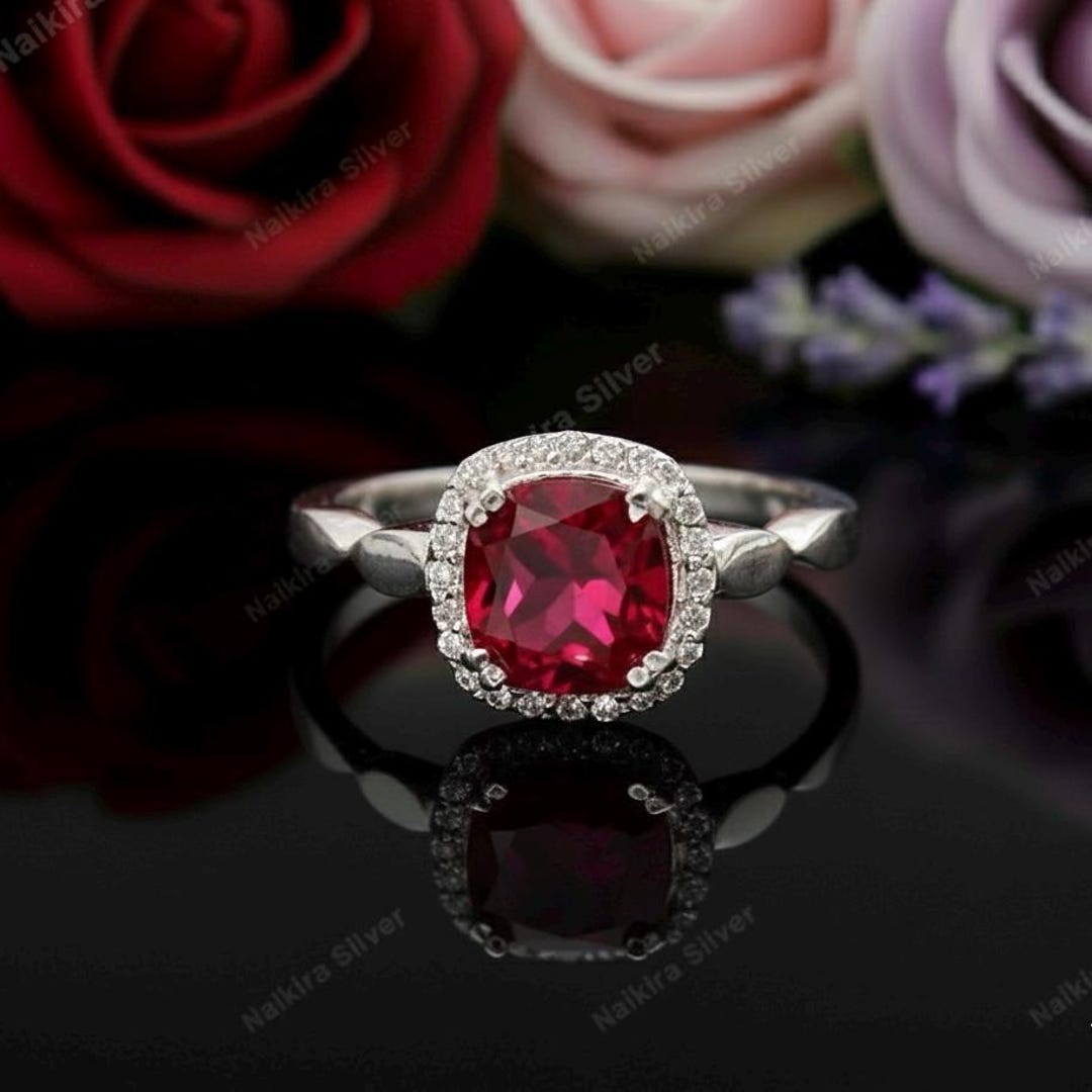 Cushion Red Ruby Anniversary Ring: Sterling Silver July Birthstone - Etsy
