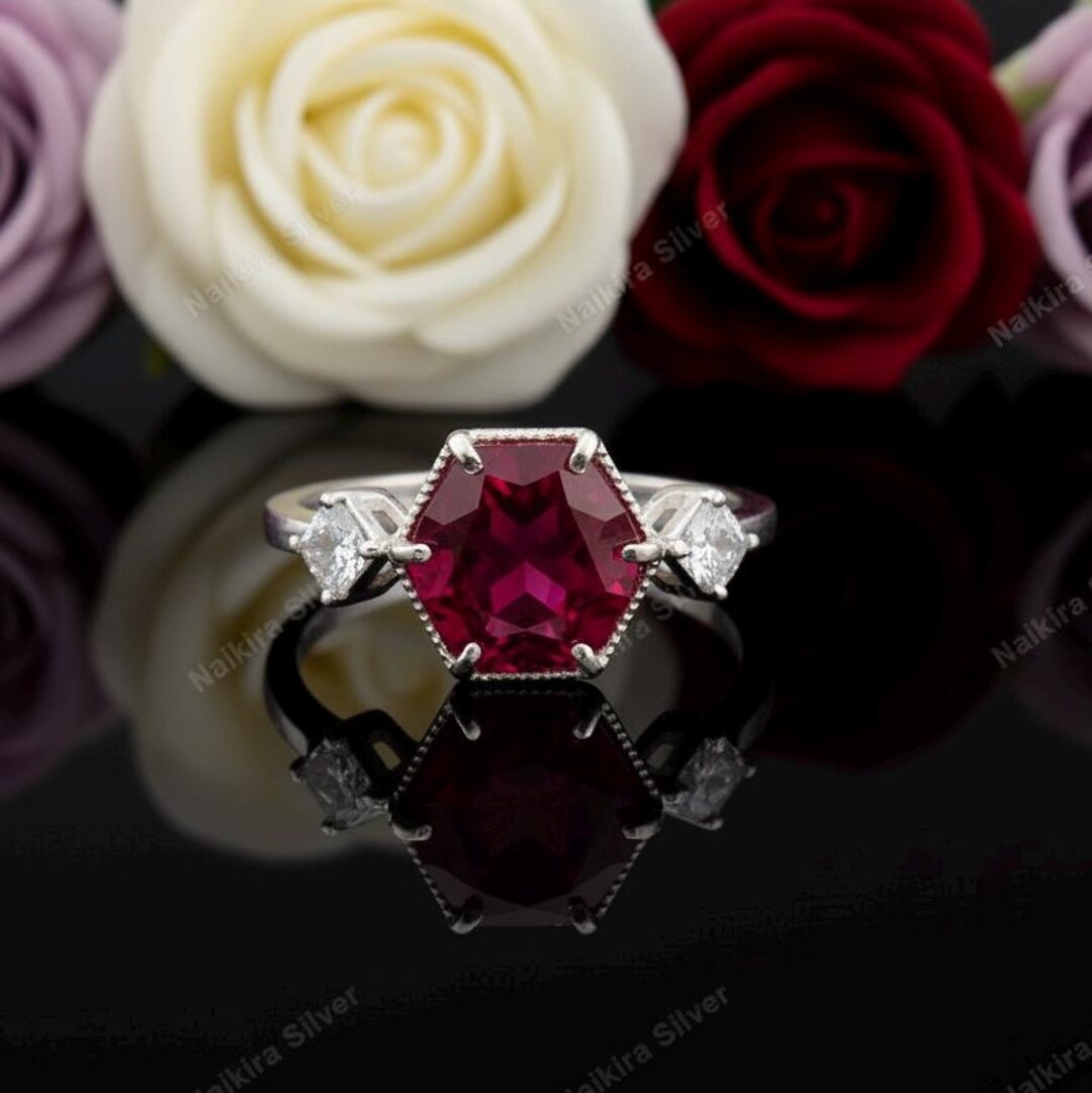 Hexagon Red Ruby Anniversary Ring: Sterling Silver July Birthstone - Etsy