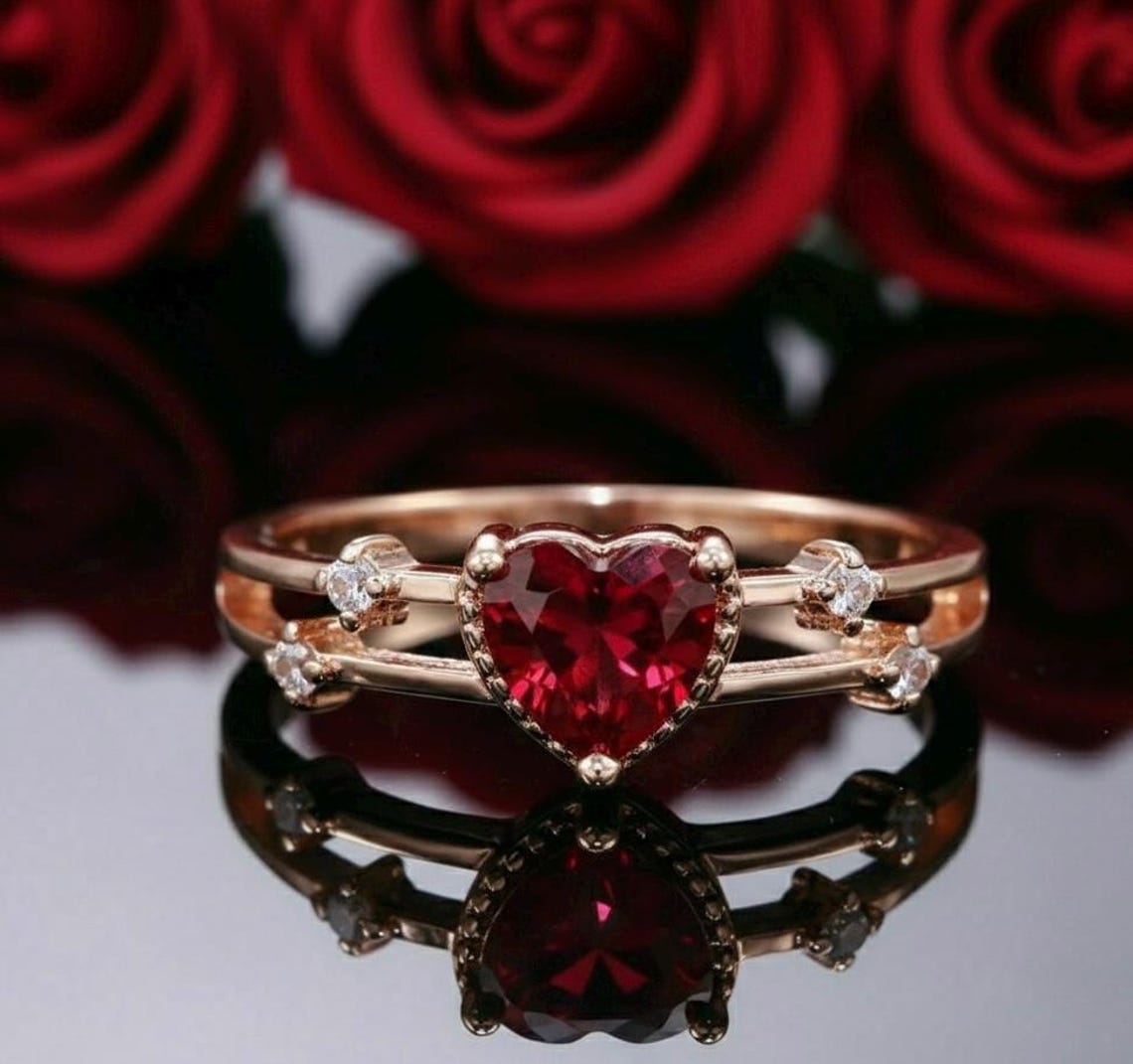 Heart Ruby Ring: Sterling Silver, Rose Gold Finish, Promise Jewelry - Etsy