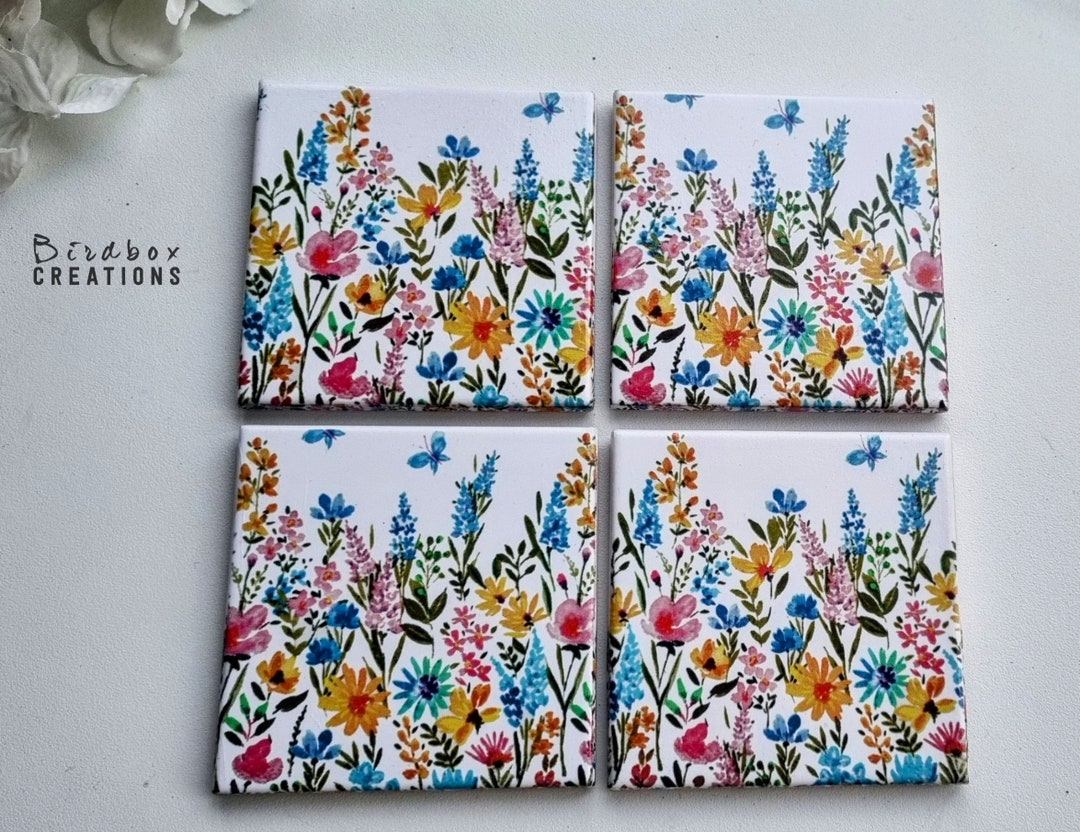 Spring Flowers Coasters Set of 4 Handmade Decoupage Heavy Ceramic Tiles ...