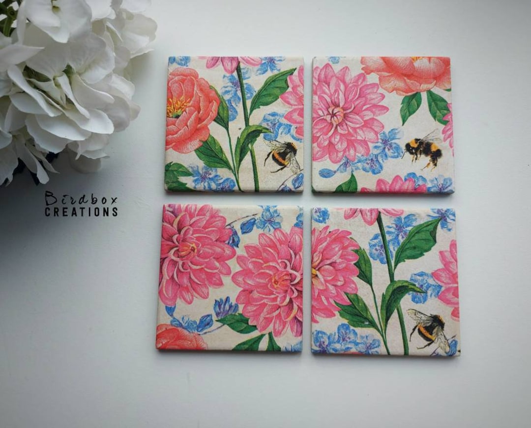 Flowers and Bees Tile Coasters Set of 4 Handmade Decoupage Heavy ...
