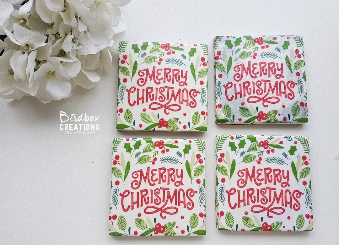 Merry Christmas Coasters Set of 4 Handmade Decoupage Heavy Ceramic ...
