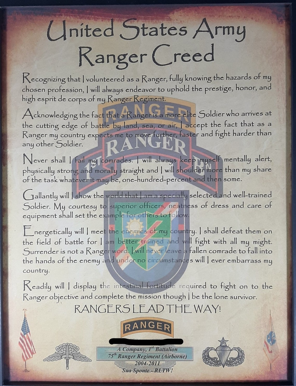 BEST Army Ranger Creed Aged Parchment All Battalions Available | Etsy