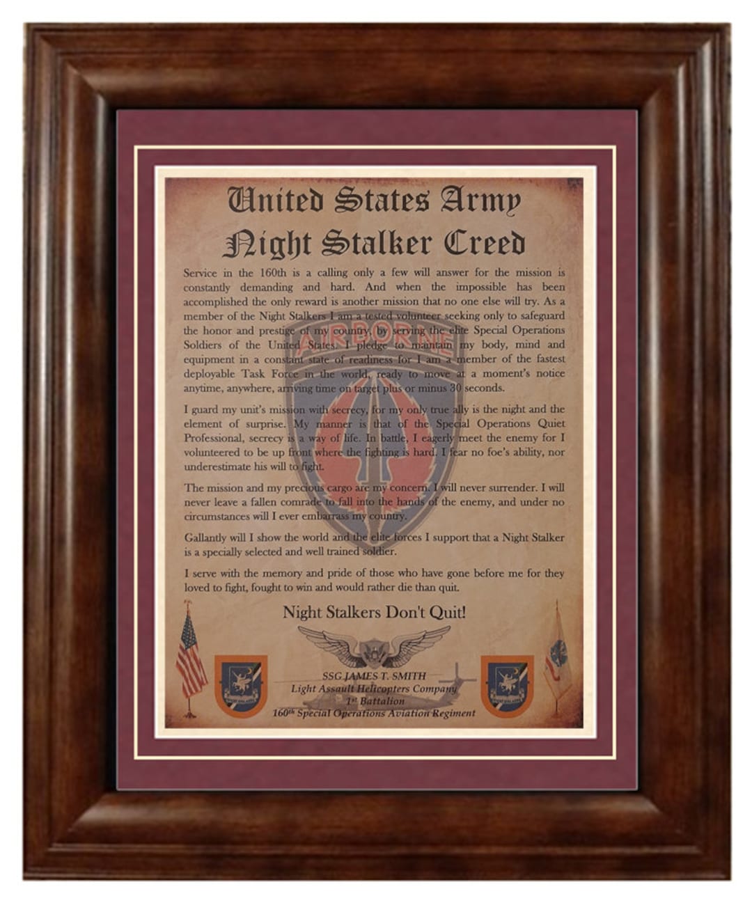 BEST U.S. Army 160th SOAR Night Stalker's Creed Aged Parchment Matted ...