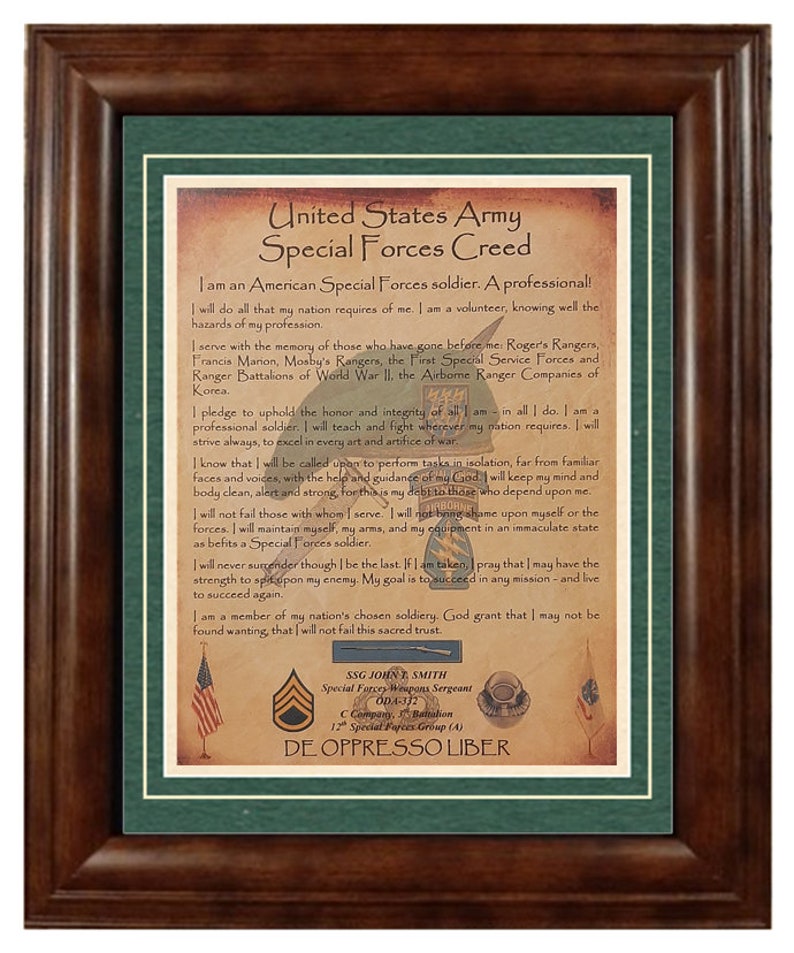 BEST U.S. Army Special Forces Creed Green Beret Aged Parchment Framed ...