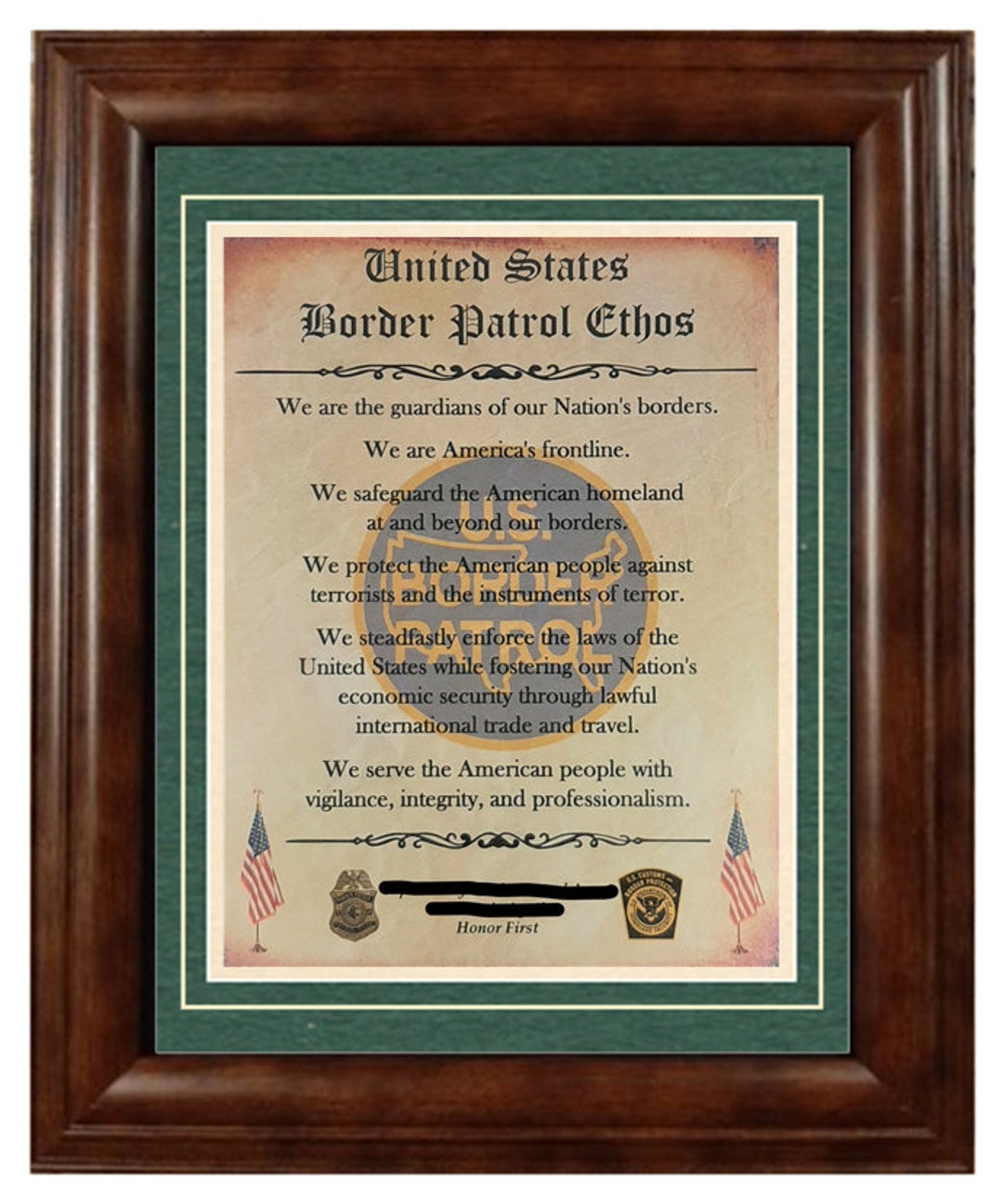 BEST Border Patrol Ethos Aged Parchment Framed Matted PERSONALIZED - Etsy