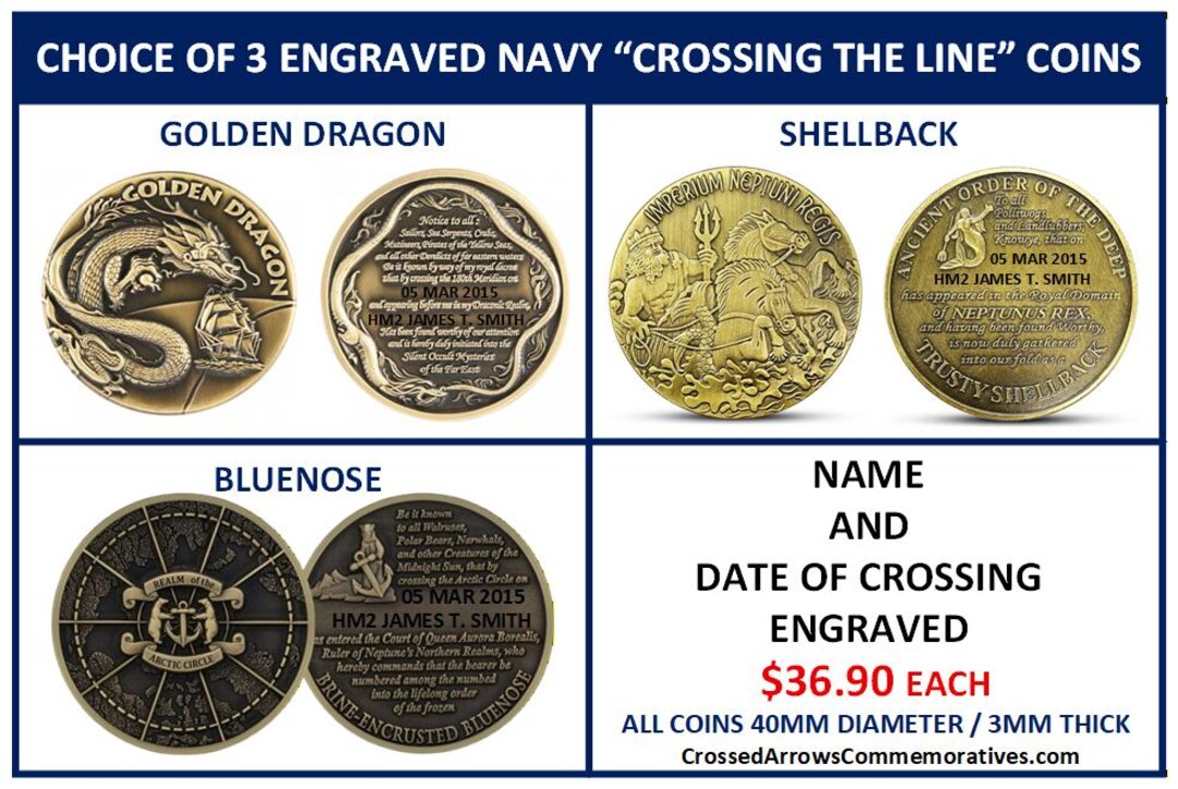 Challenge Coin: ENGRAVED Navy Crossing the Line CHOICE of Shellback ...