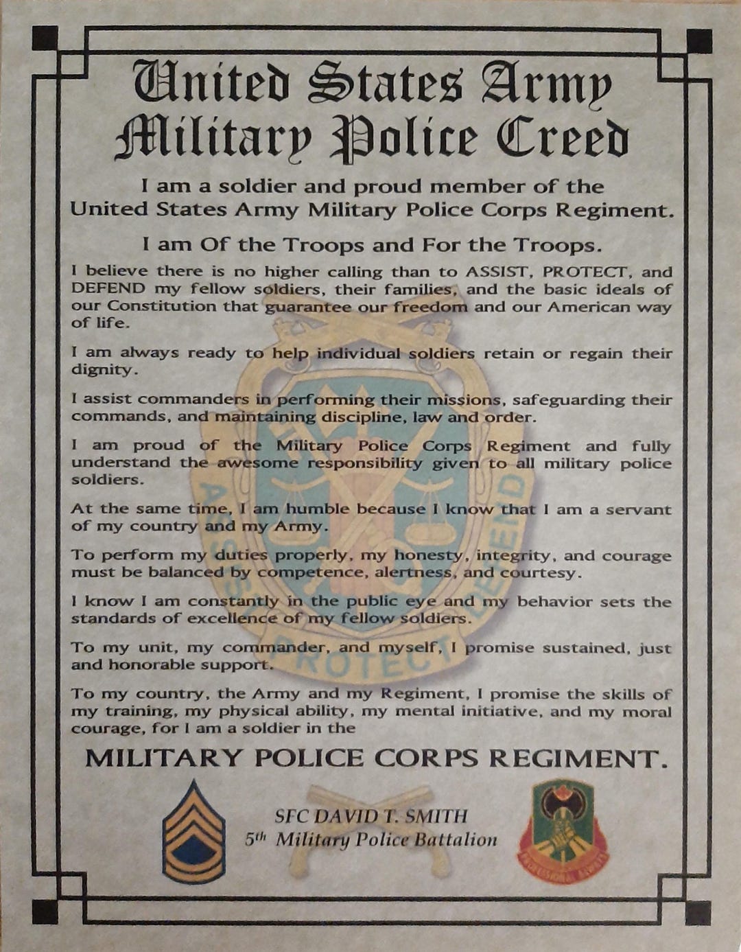 NICE or BETTER U.S. Army Military Police Creed PERSONALIZED (with Coin ...