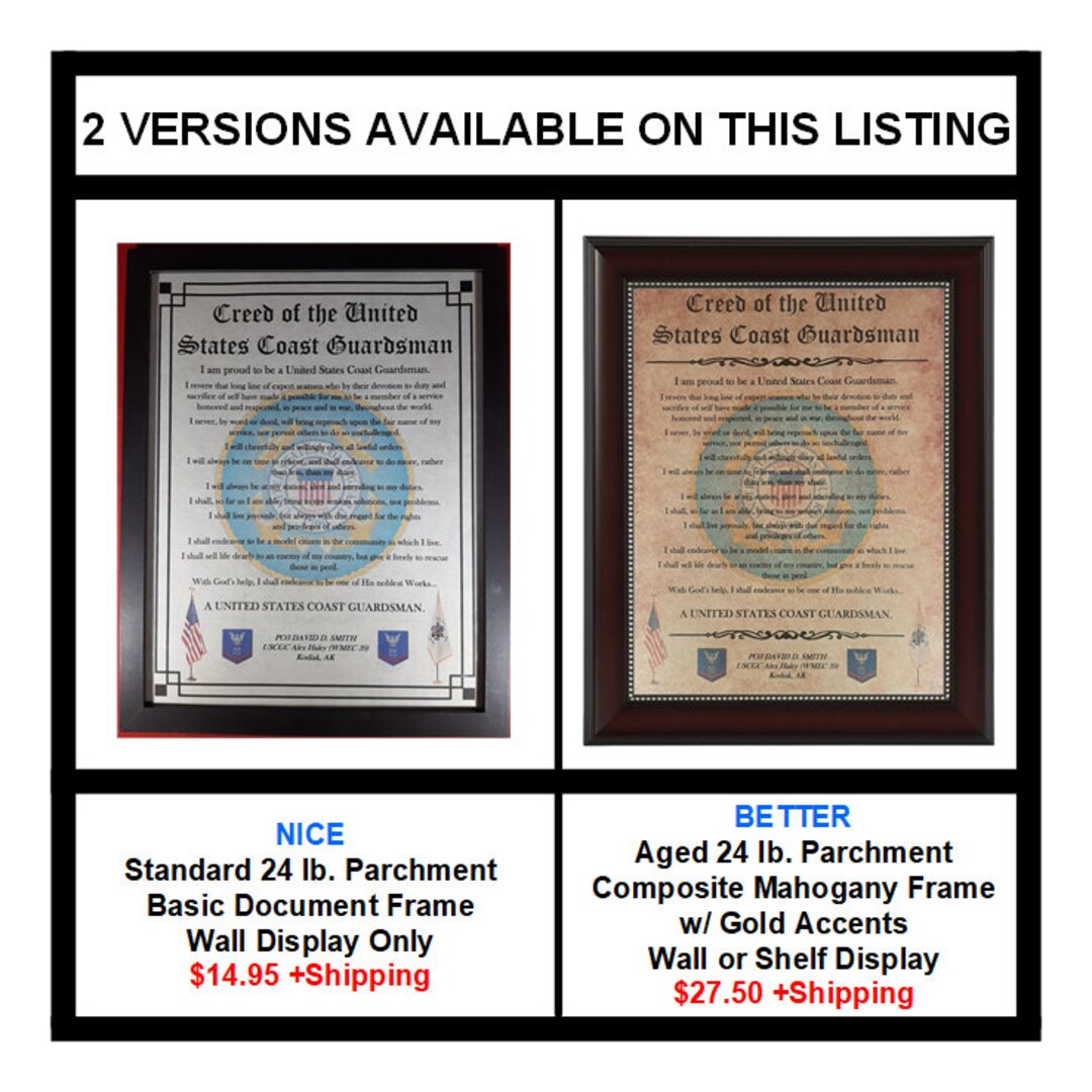 NICE or BETTER U.S. Coast Guard Creed PERSONALIZED (with Coin Option ...