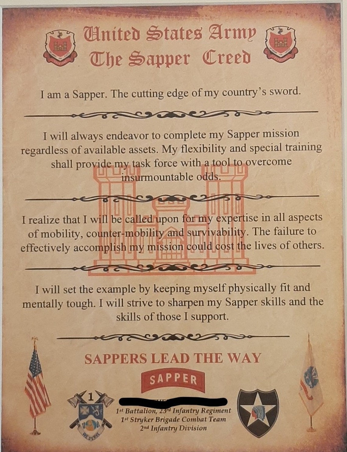 BETTER Army Sapper Creed Aged Parchment PERSONALIZED and | Etsy