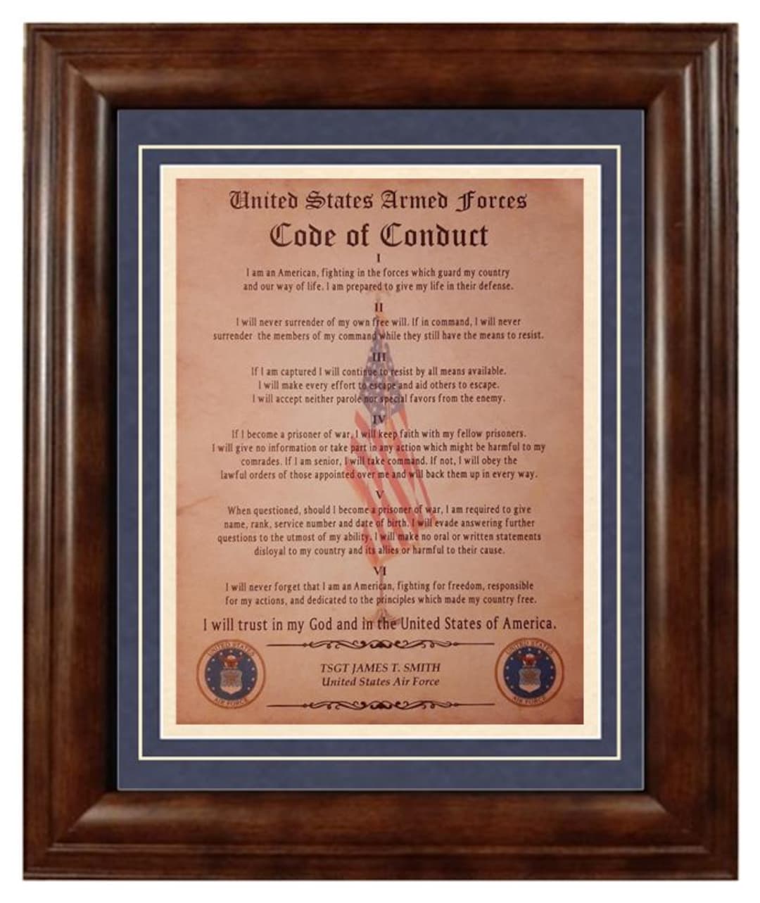 BEST U.S. Air Force Code of Conduct PERSONALIZED Framed and Matted ...