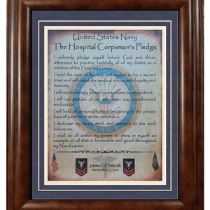 BEST U.S. Navy Hospital Corpsman's Pledge Aged Parchment Framed Matted ...
