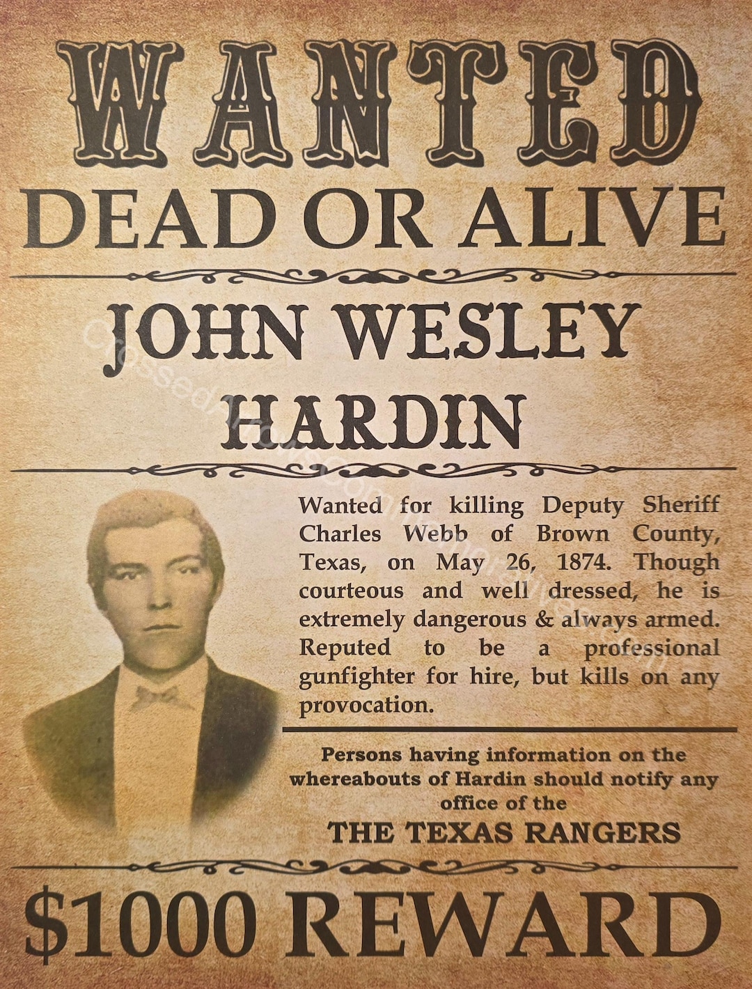 Wanted Poster: John Wesley Hardin (modern Reprint) - Etsy