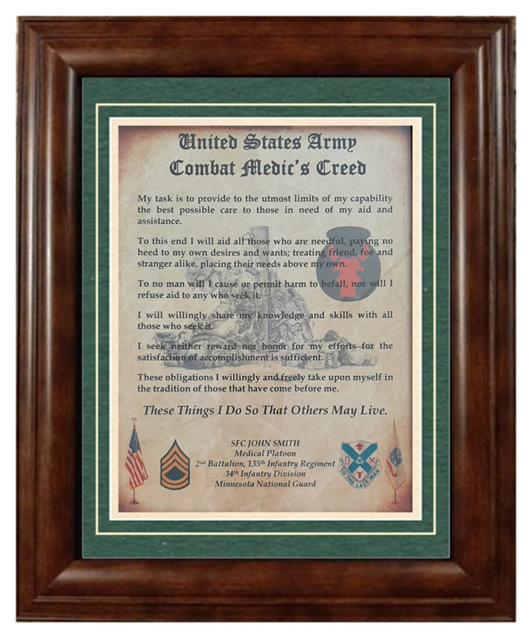 BEST U.S. Army Combat Medic's Creed Aged Parchment Matted PERSONALIZED ...