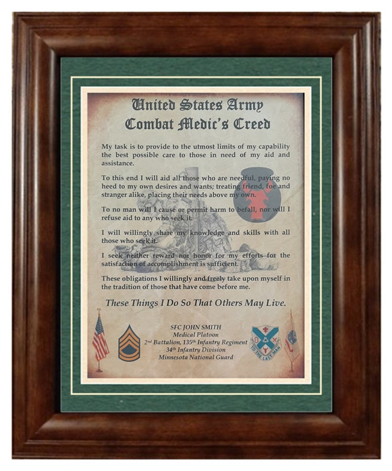BEST U.S. Army Combat Medic's Creed Aged Parchment Matted - Etsy Australia