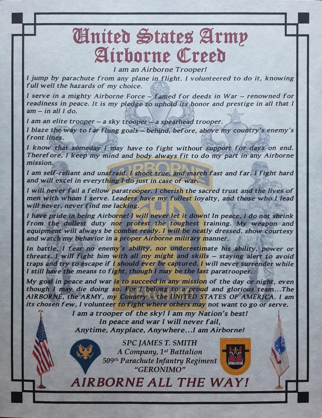 NICE or BETTER U.S. Army Paratrooper Airborne Creed: 509th Parachute ...
