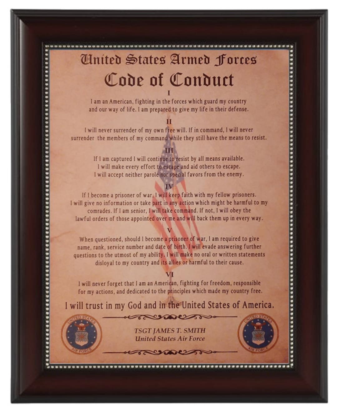BETTER U.S. Air Force Code of Conduct Aged Parchment Framed - Etsy