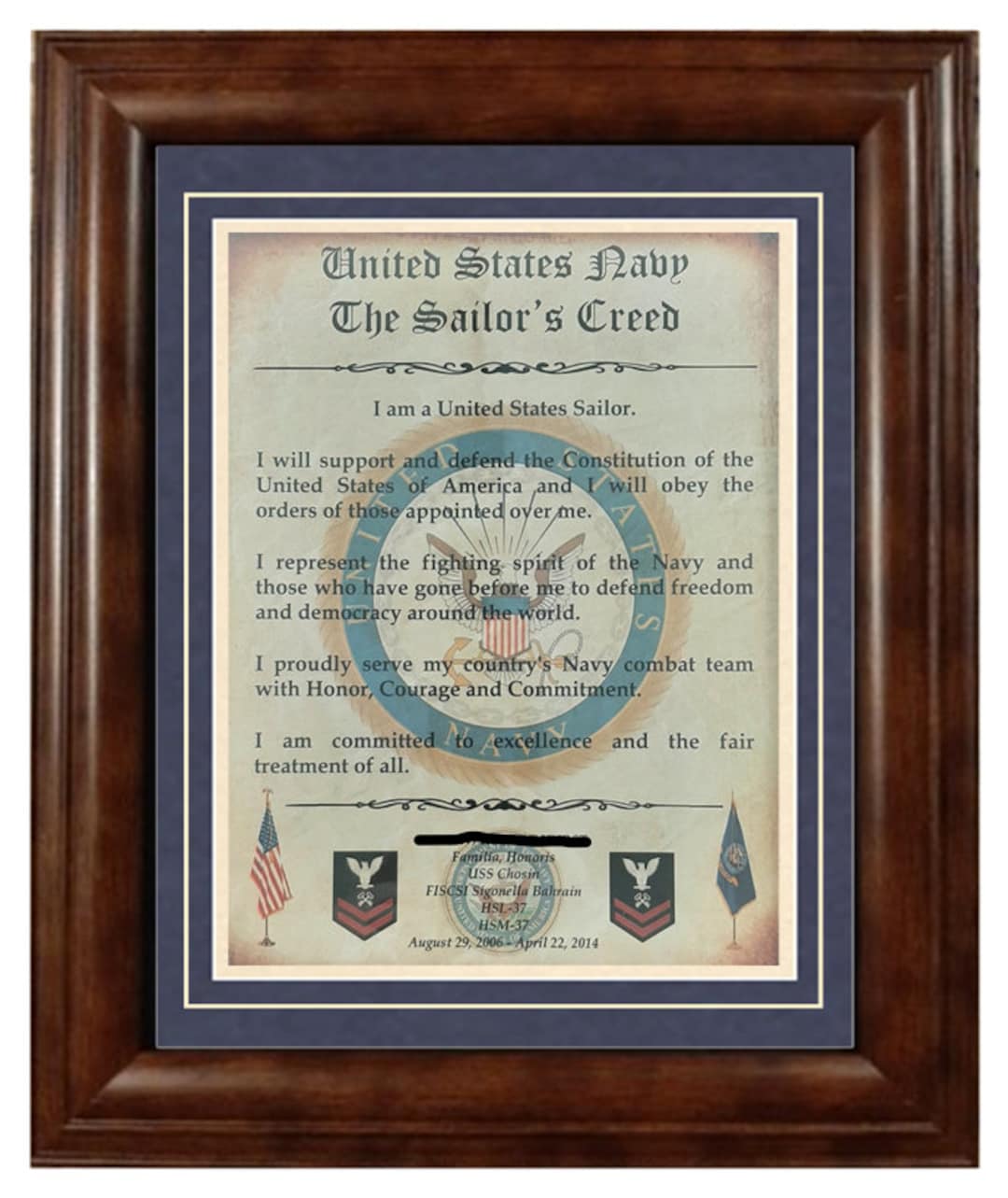 BEST U.S. Navy Sailor's Creed Aged Parchment Framed Matted PERSONALIZED ...