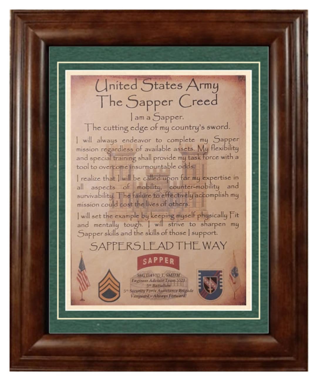 BEST U.S. Army Sapper Creed Aged Parchment Matted PERSONALIZED (with ...