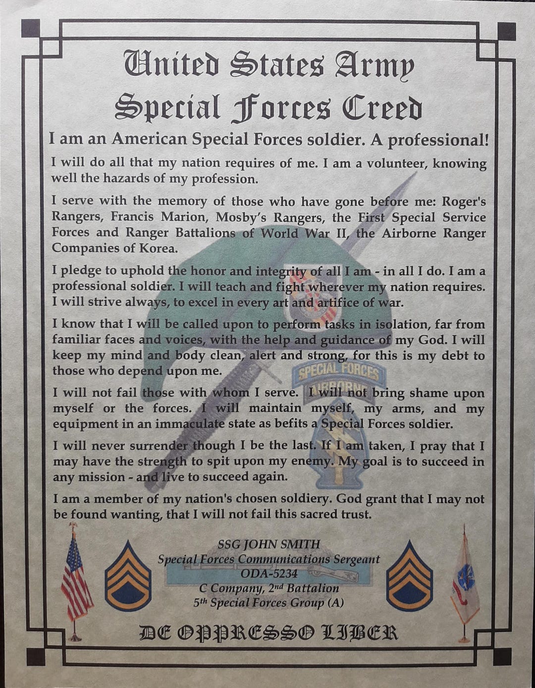 NICE or BETTER U.S. Army Special Forces Creed Green Beret PERSONALIZED ...