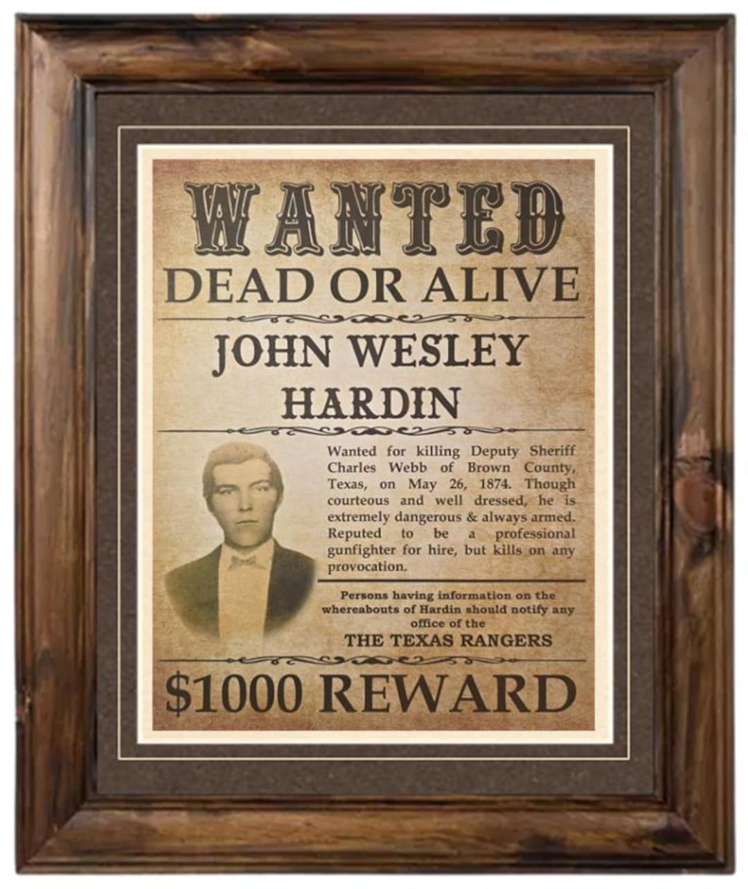 Wanted Poster: John Wesley Hardin / Printed on Aged Parchment Custom ...