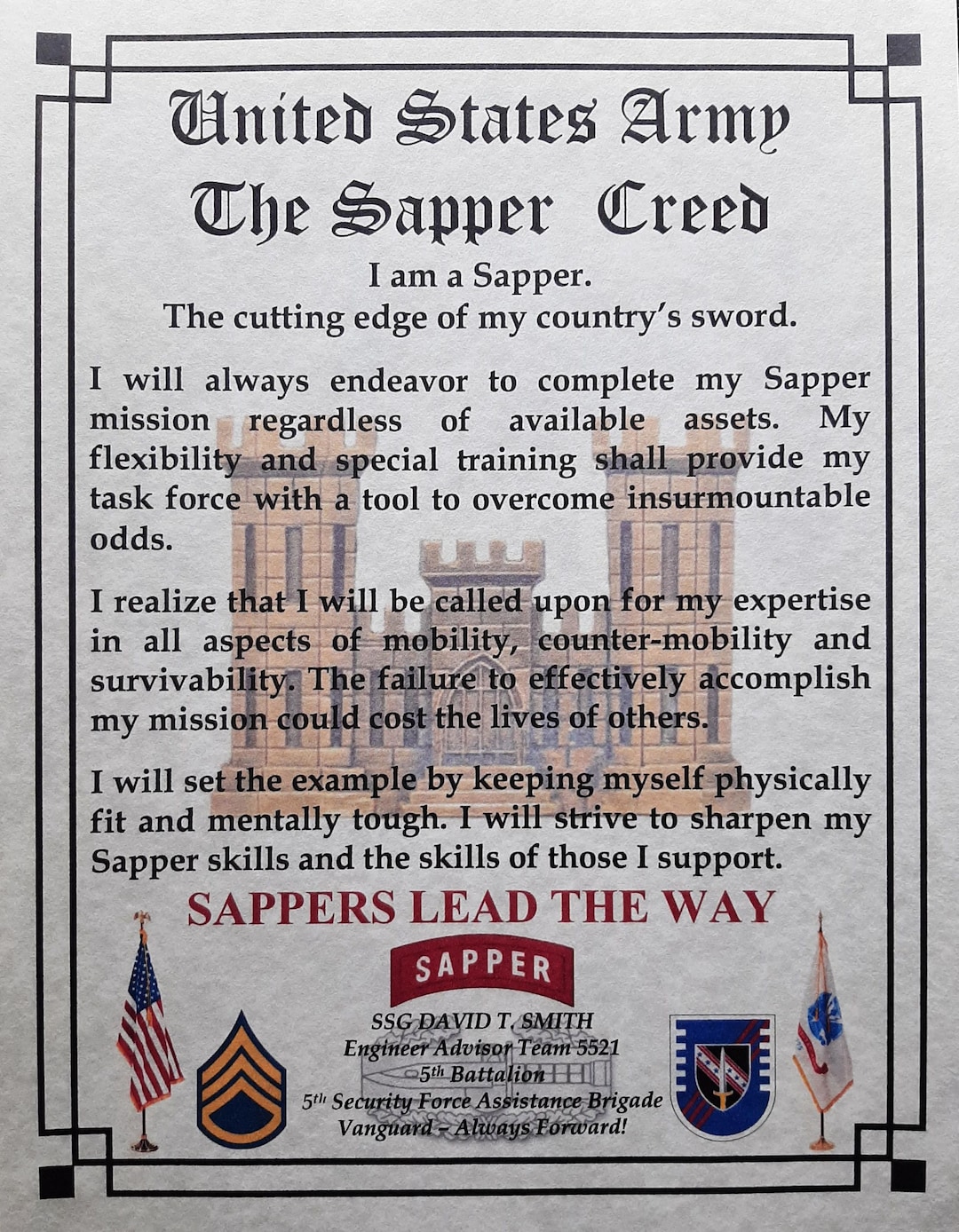 NICE or BETTER U.S. Army Sapper Creed PERSONALIZED (with Coin Option ...