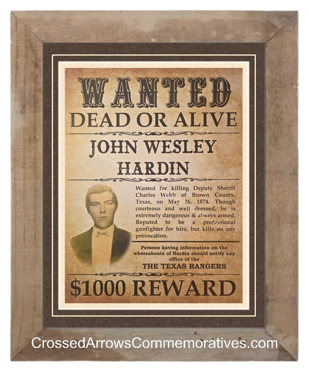 Old West Wanted Poster: John Wesley Hardin / Printed on Aged Parchment ...