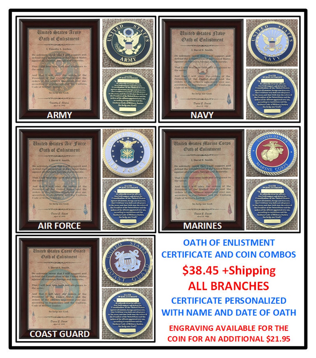 BETTER U.S. Military Oath of Enlistment Coin & Certificate All Branches ...