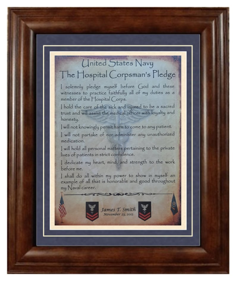 BEST U.S. Navy Hospital Corpsman's Pledge Aged Parchment Framed Matted ...