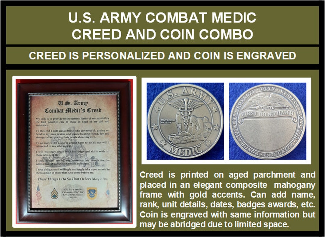 BETTER U.S. Army Combat Medic's Creed Aged Parchment PERSONALIZED and ...