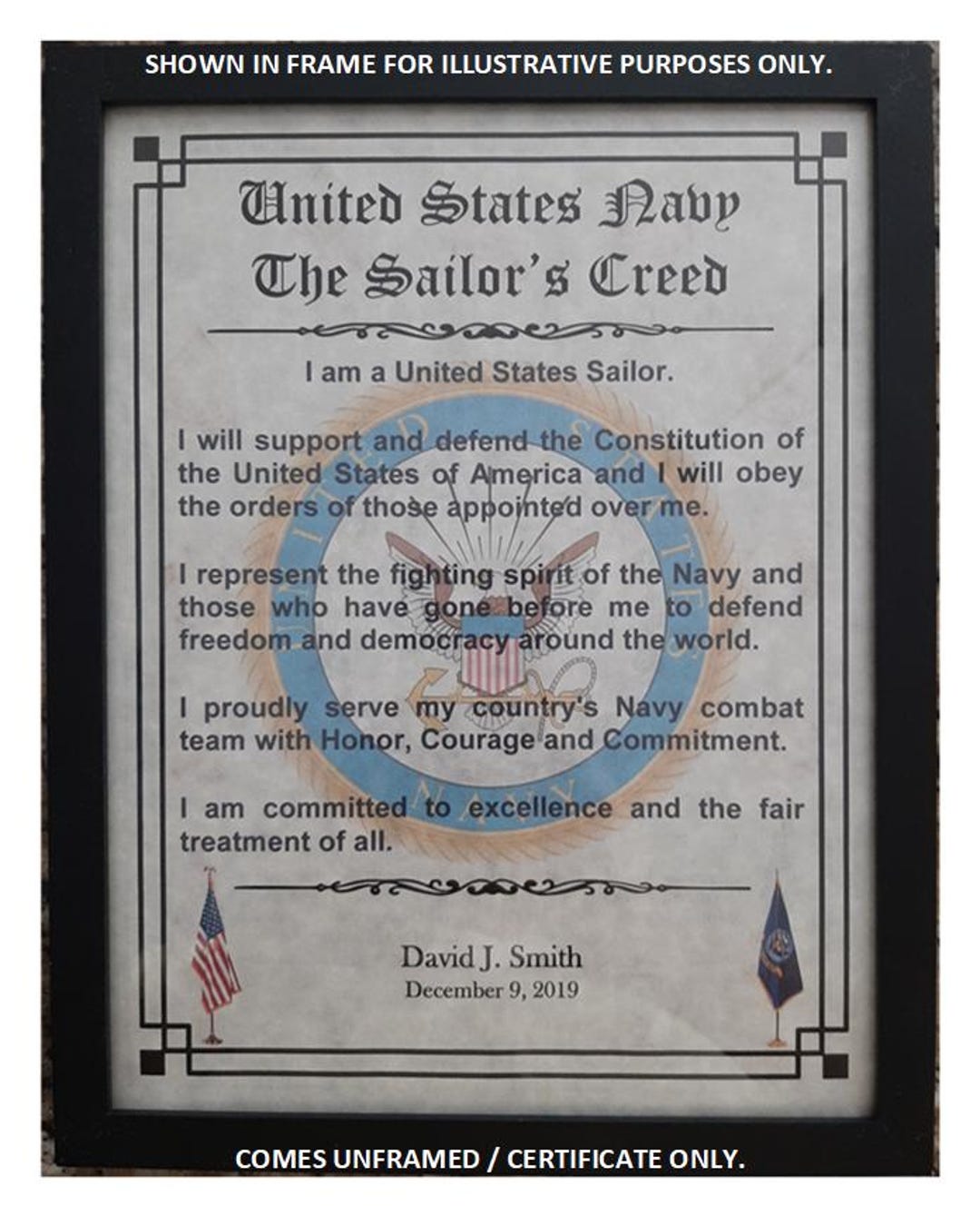 NICE or BETTER U.S. Navy Sailor's Creed Framed PERSONALIZED (with Coin ...